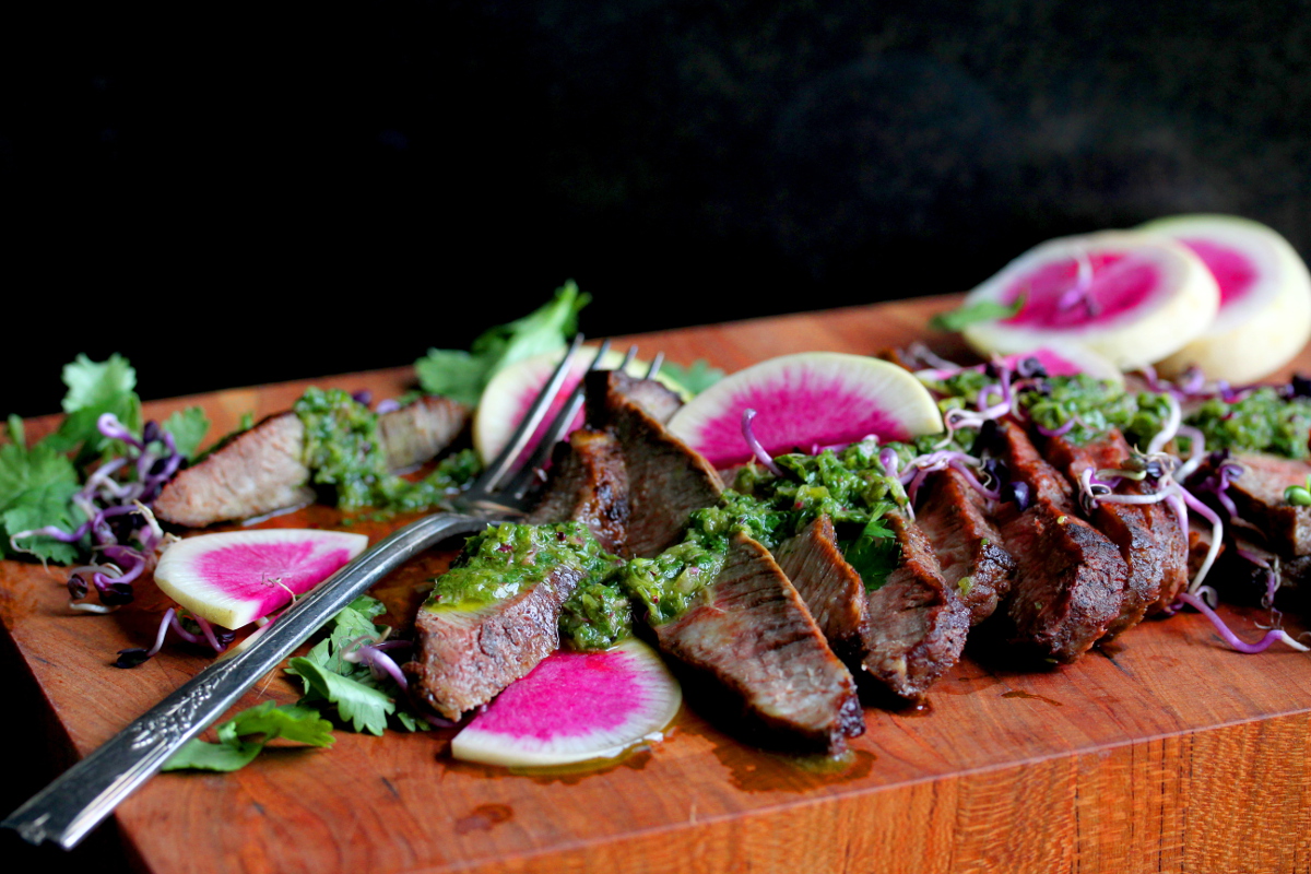 Radish Shoot Chimichurri on Butter Pan Fried Steak - Teeny Tiny Kitchen